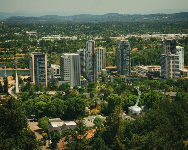 Picture: A view of South Waterfront and the Aerial Tram, looking east ...